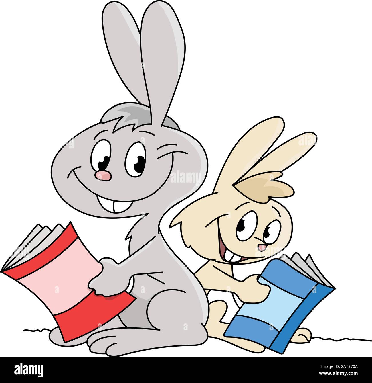 Cartoon bunnies sitting back to back reading books vector illustration ...