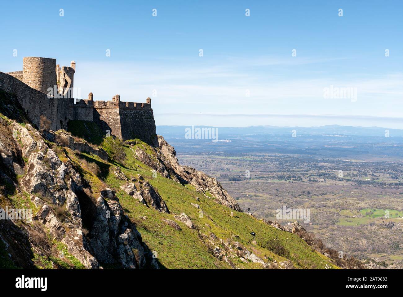 Marvao castle on the top of a mountain with beautiful green landscape ...