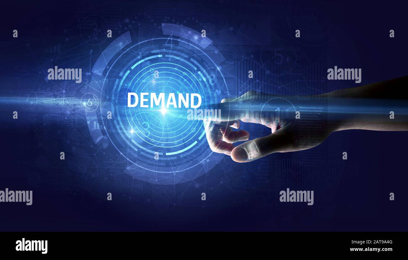 Hand touching DEMAND button, modern business technology concept Stock ...