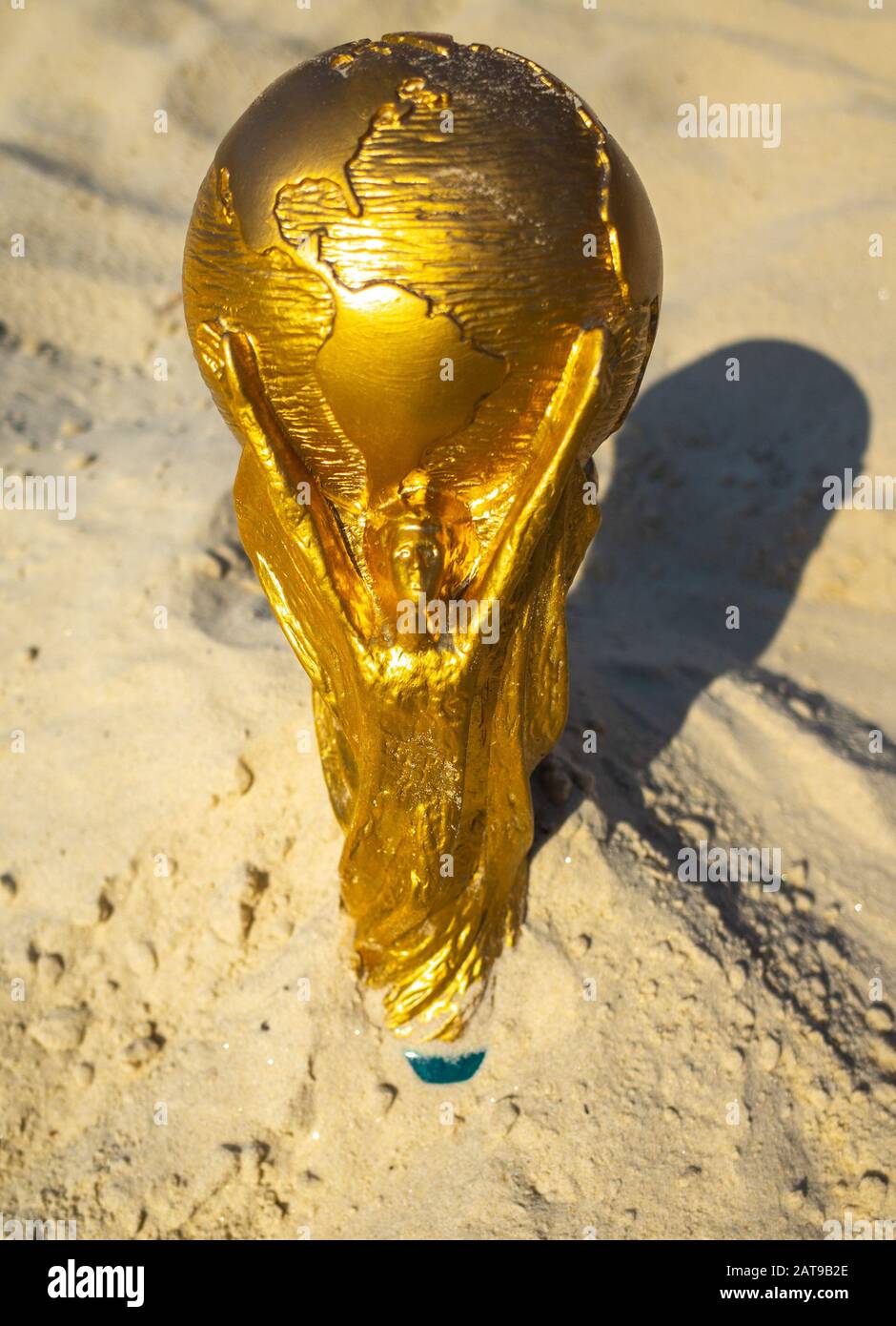 May 30, 2019. Doha, Qatar. FIFA World Cup trophy on sand. FIFA World ...