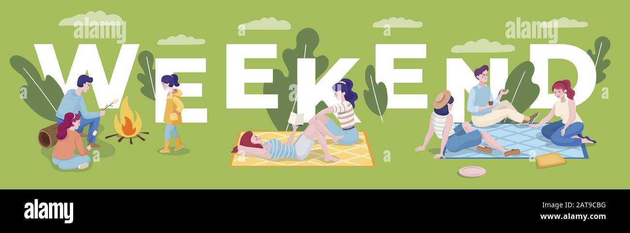 Weekend word concept banner template. Happy family at picnic, young ...