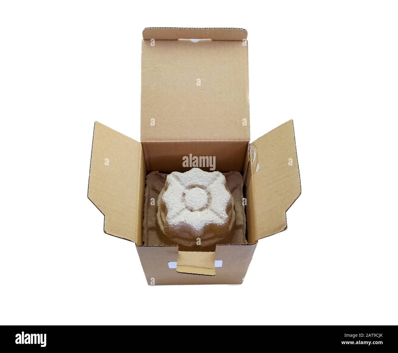 Opened cardboard box isolated on a white background. Inside is a paper ...