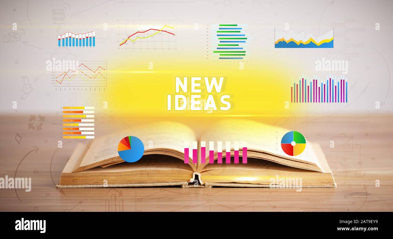 Open book with NEW IDEAS inscription, new business concept Stock Photo ...