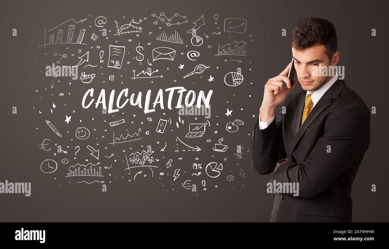Businessman thinking with CALCULATION inscription, business education ...