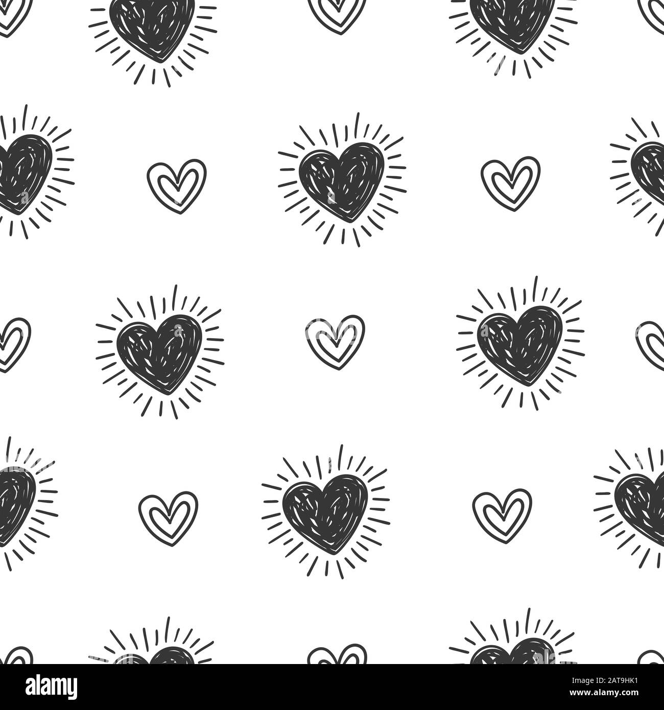 Doodles hearts seamless pattern. Hand drawn sketchy romantic monochrome ...