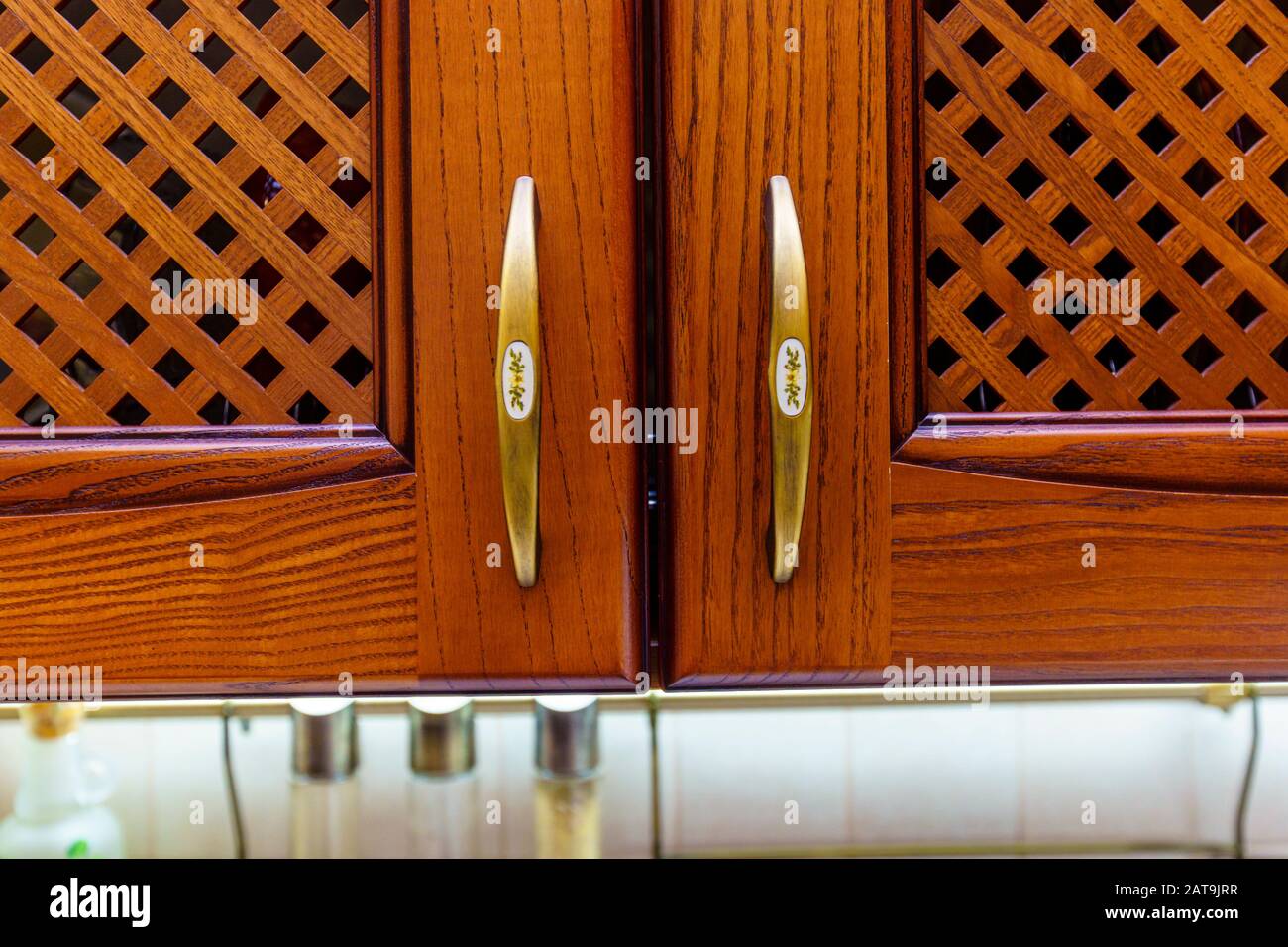 retro cherry wood kitchen doors Stock Photo - Alamy
