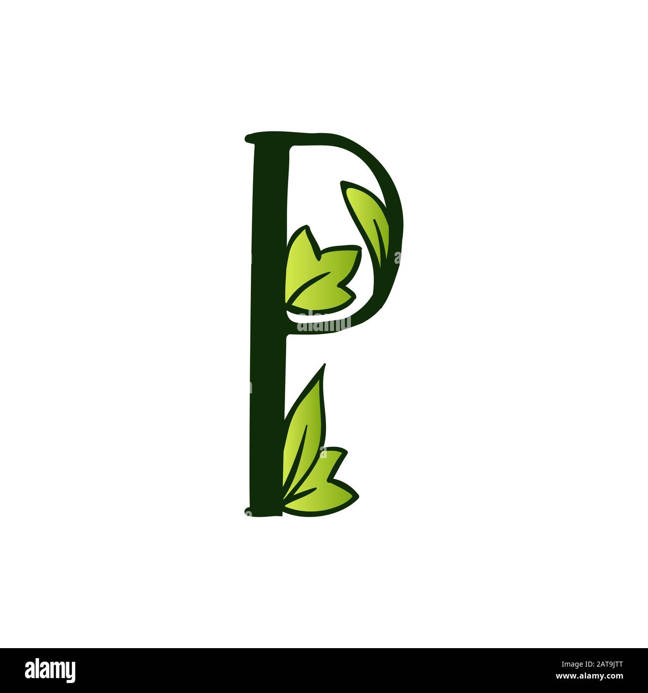 Green Doodling Eco Alphabet Letter P.Type with Leaves. Isolated Latin ...