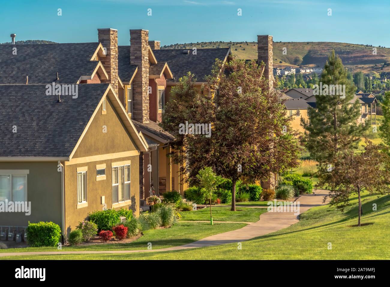 Residential scenery with pathways and grassy field in front of charming ...