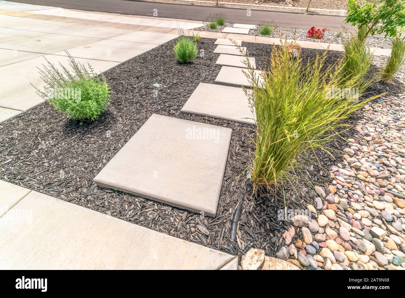 Landscaped yard with stone steps pathway that leads to the paved road ...