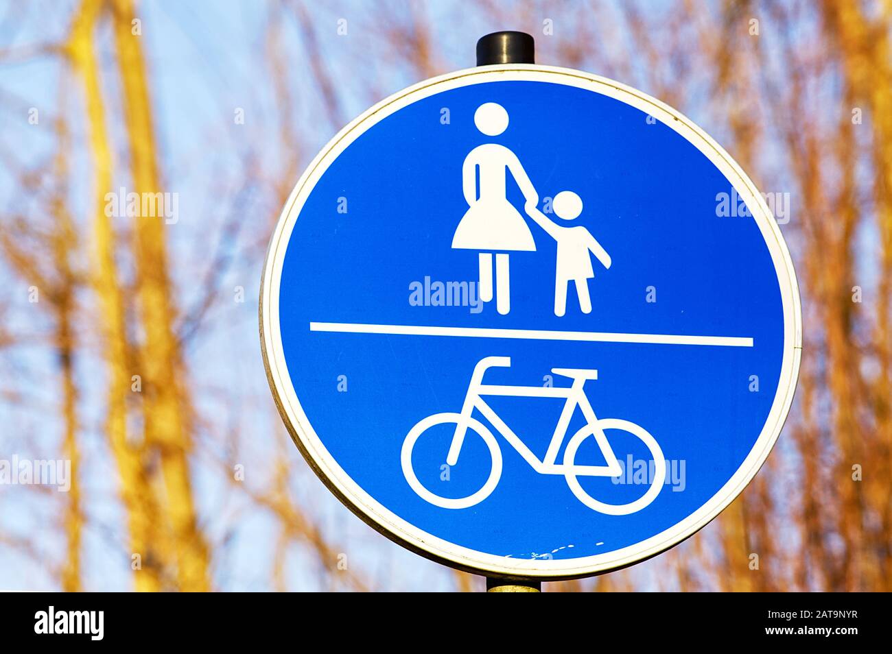 german sign Sidewalk with bike path. blue background with pedestrian ...