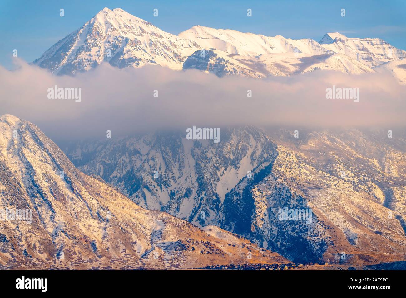 Amazing view of Mount Timpanogos with slopes and peak covered with snow ...