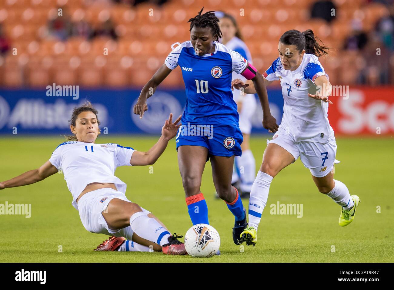 Houston, TX, USA. 31st Jan, 2020. Haiti forward Nerilia Mondesir (10) attempts to get the ball ...