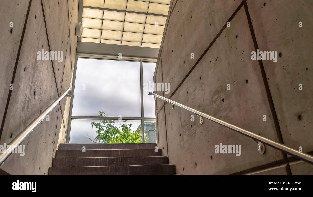 Panorama frame Stairs between interior walls of building leading to ...