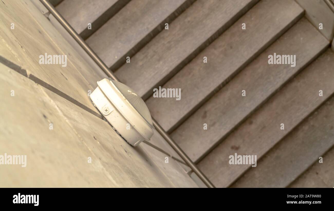 Panorama View from above of stairs with metal handrails and round ...