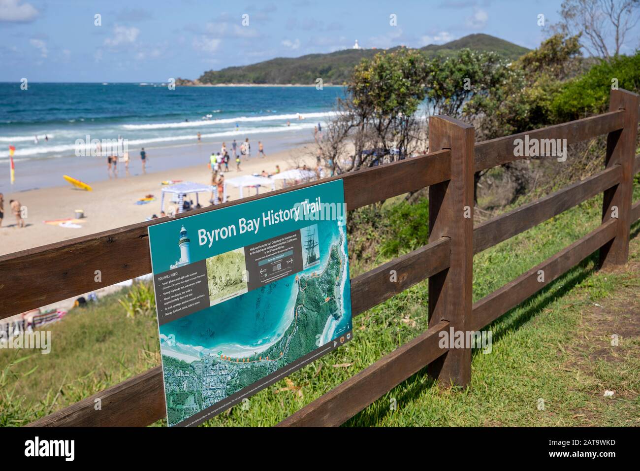 Byron bay history trail sign beside main beach Cape Byron,Northern NSW ...