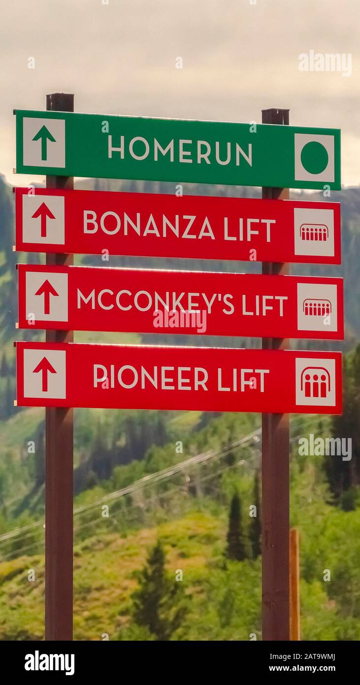 Vertical frame Ski lifts and hiking trails signs view in Park City Utah ...