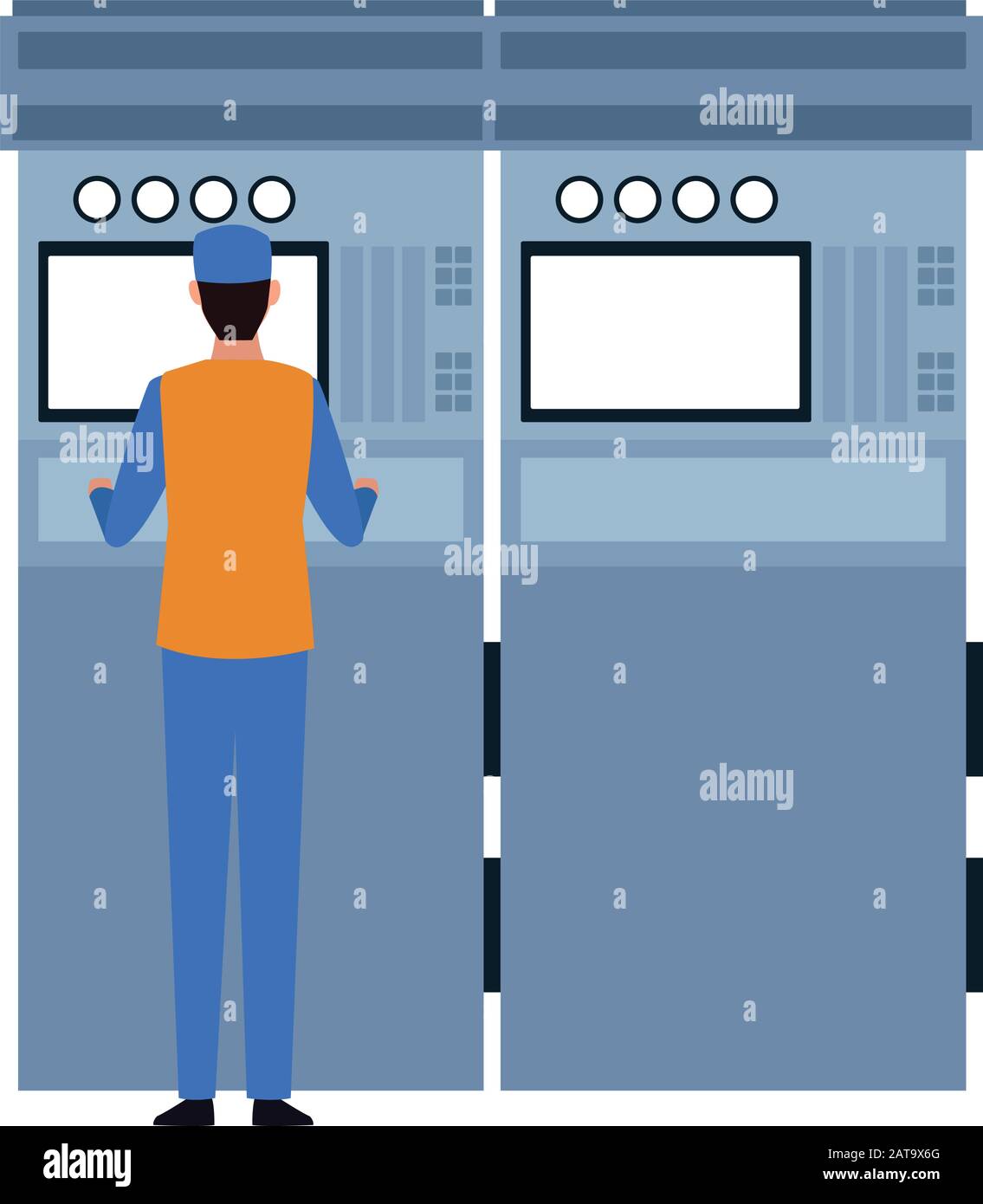 Car mechanic standing at big machine, colorful design Stock Vector ...