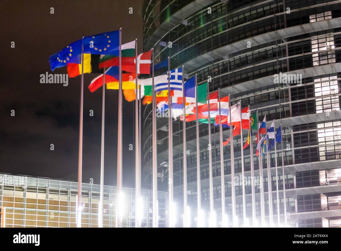 Strasbourg, France. 31 January 2020, France, Straßburg: The flags of ...