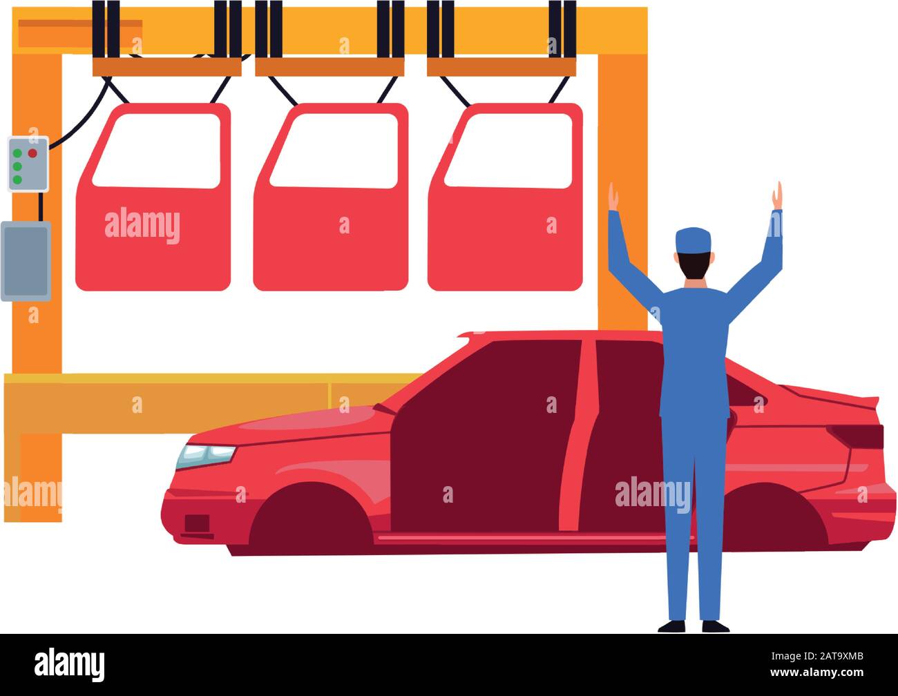 car repair design of machine with cars doors and mechanic with car body ...