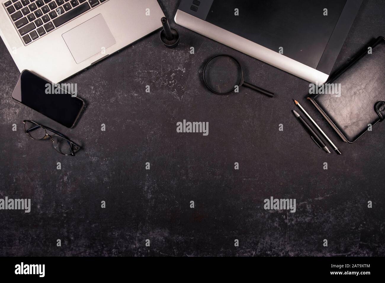 Flat lay office desktop work space of laptop keyboard, creative pen ...