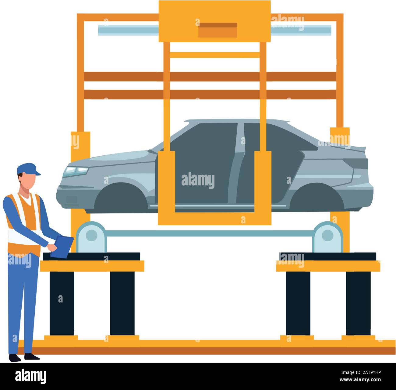 mechanic lifting a car on the machine, colorful design Stock Vector ...