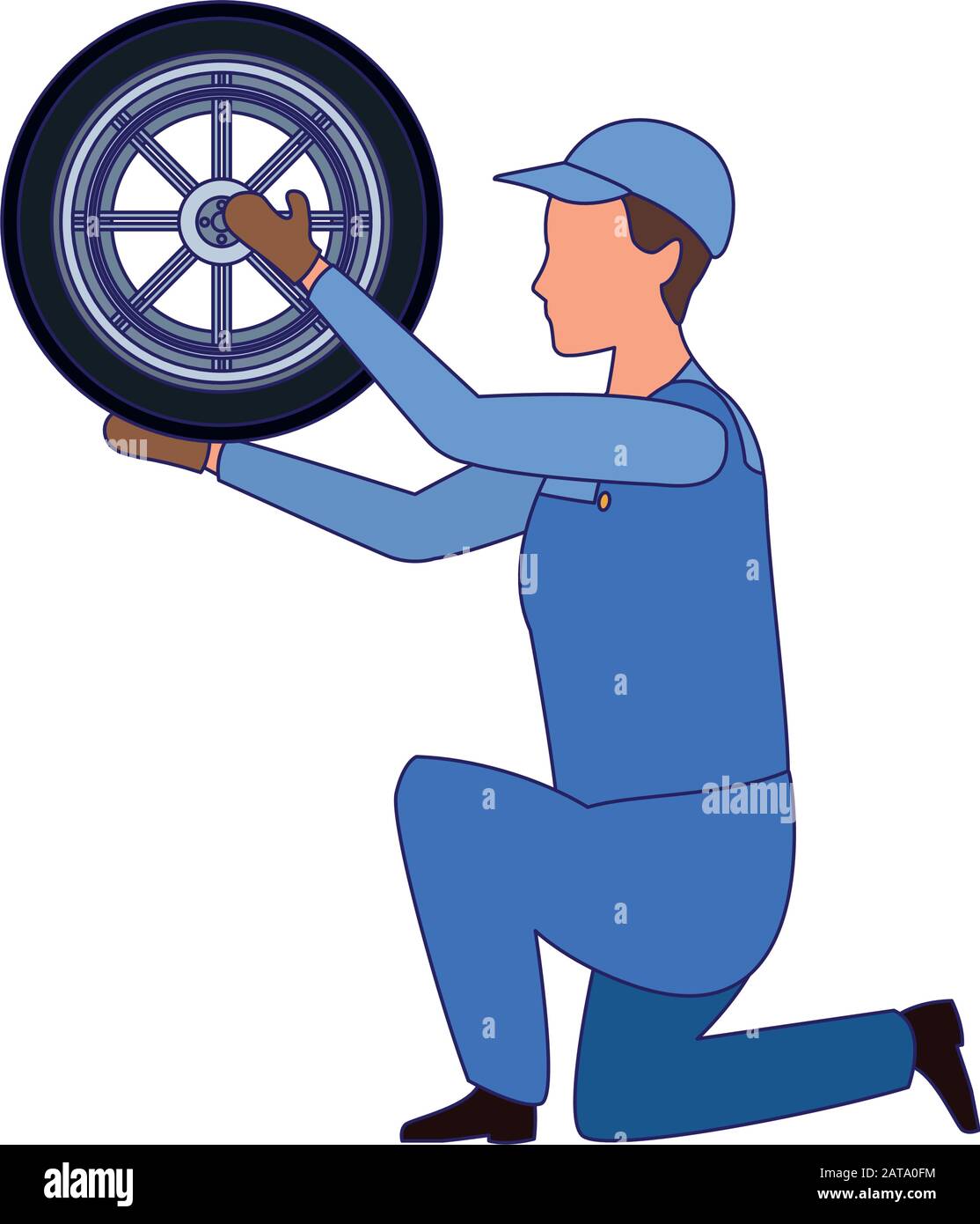 car mechanic kneeling holding a tire Stock Vector Image & Art - Alamy