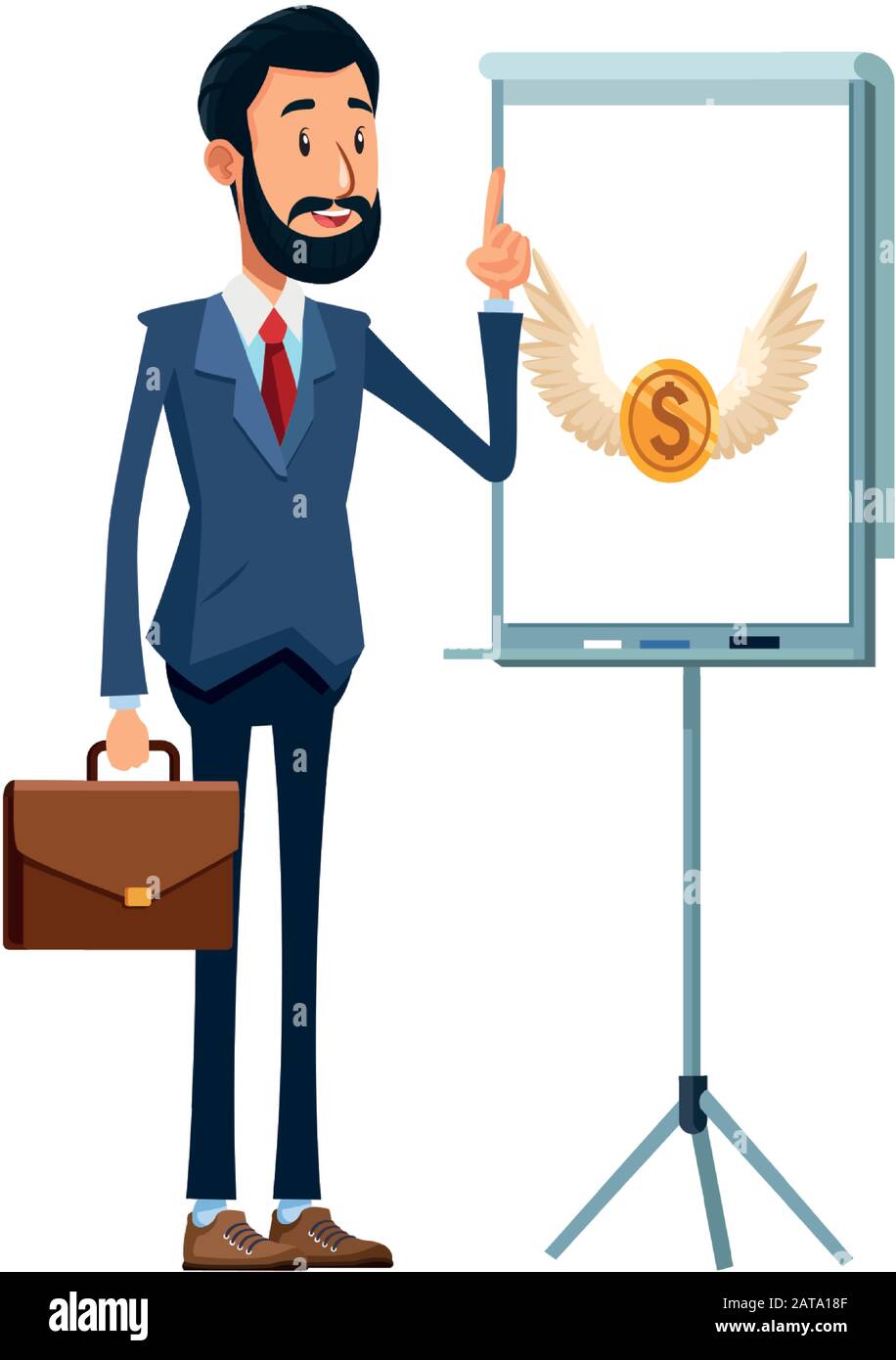 cartoon businessman standing and presentation board with money coin ...