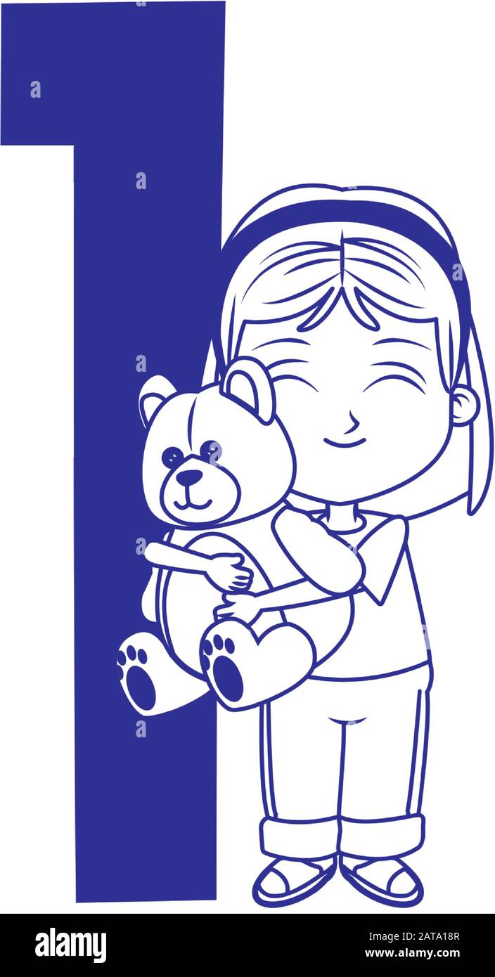 number one with cartoon girl with teddy bear icon, flat design Stock ...
