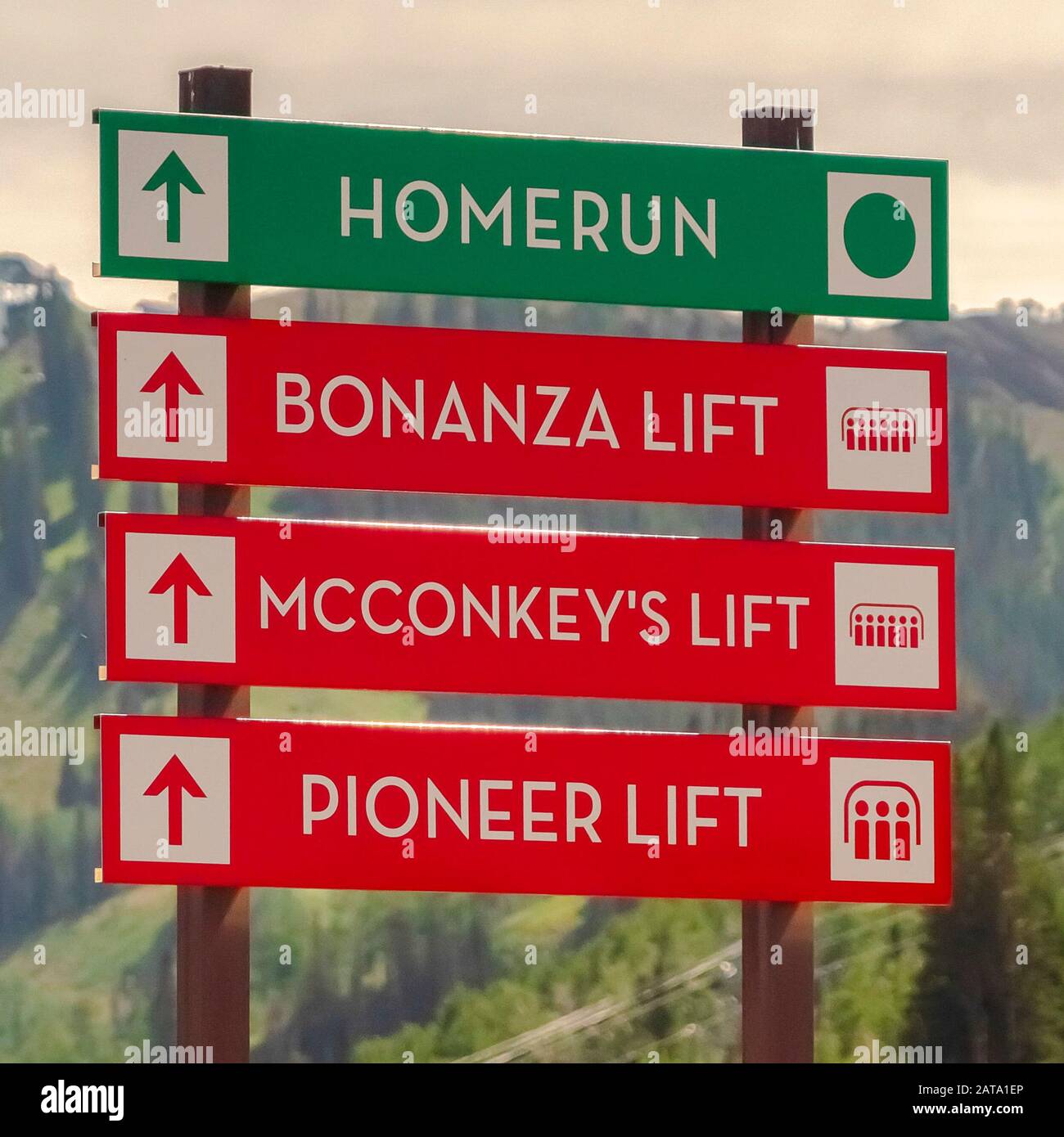 Square frame Ski lifts and hiking trails signs view in Park City Utah ...