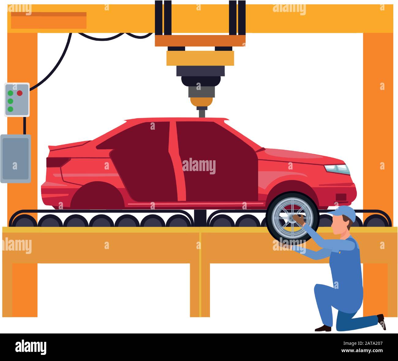 car repair design of mechanic working at machine with car body Stock ...