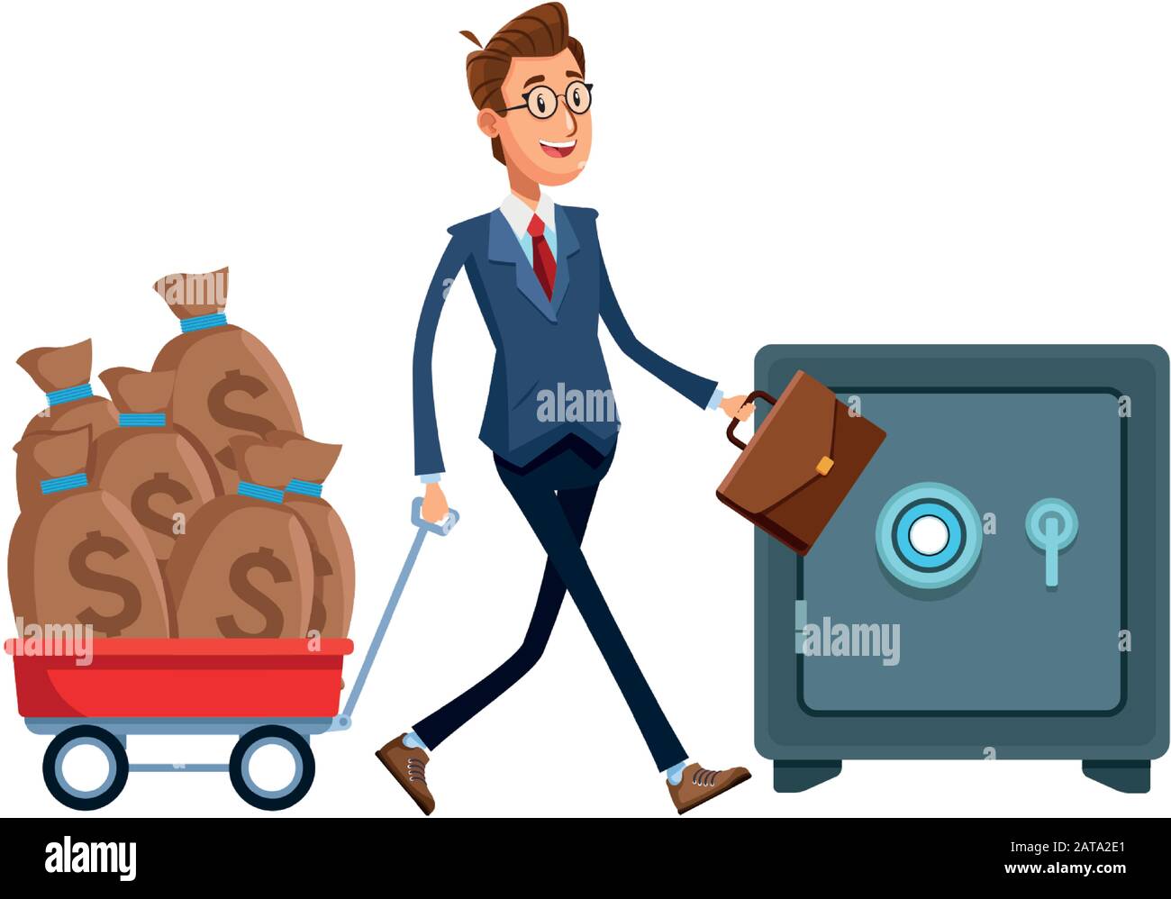 stock box and cartoon businessman with trolley with money bags Stock ...