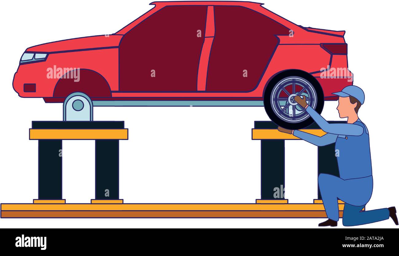 car mechanic with car at lifting, colorful design Stock Vector Image ...