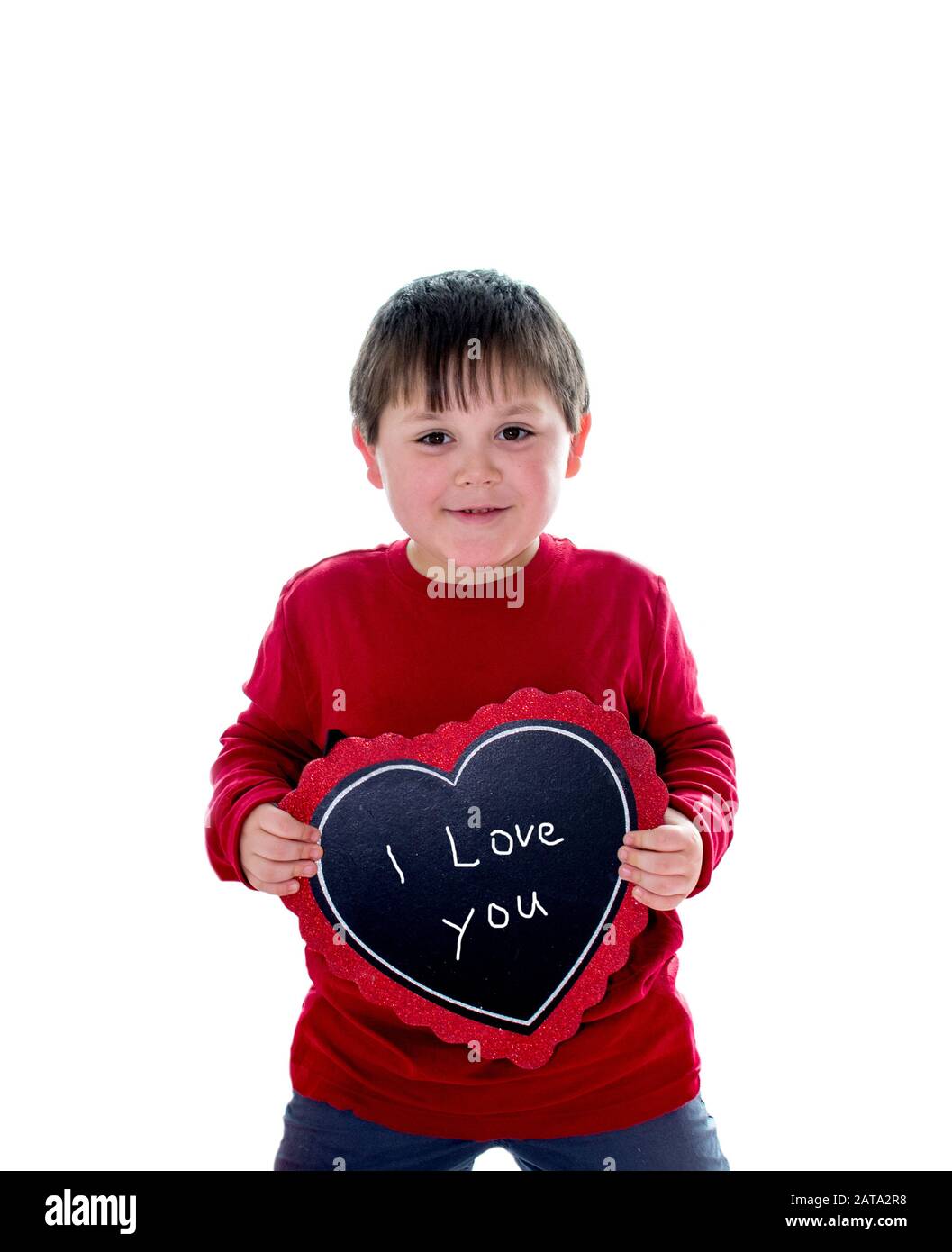 Little boy in red with i love you heart sign Stock Photo - Alamy