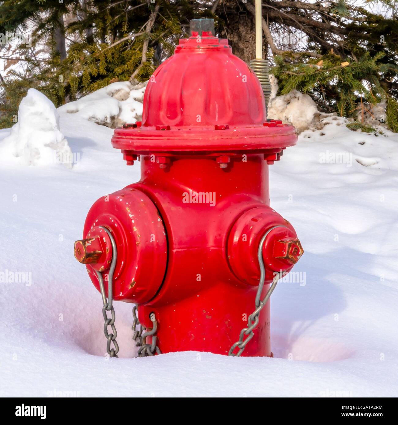 Photo Square frame Vibrant red fire hydrant against fresh snow during ...