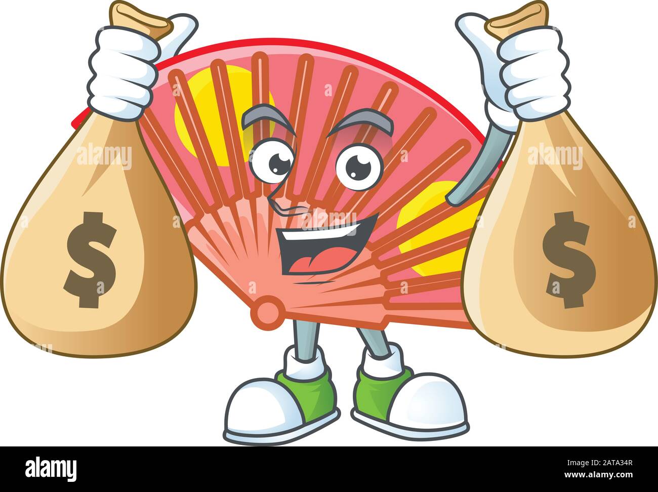 A picture of rich red chinese folding fan cartoon character with two ...