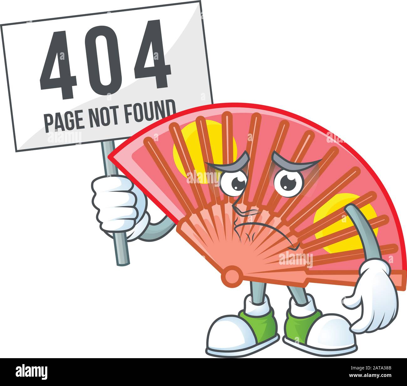 sad face mascot style of red chinese folding fan raised up a board ...