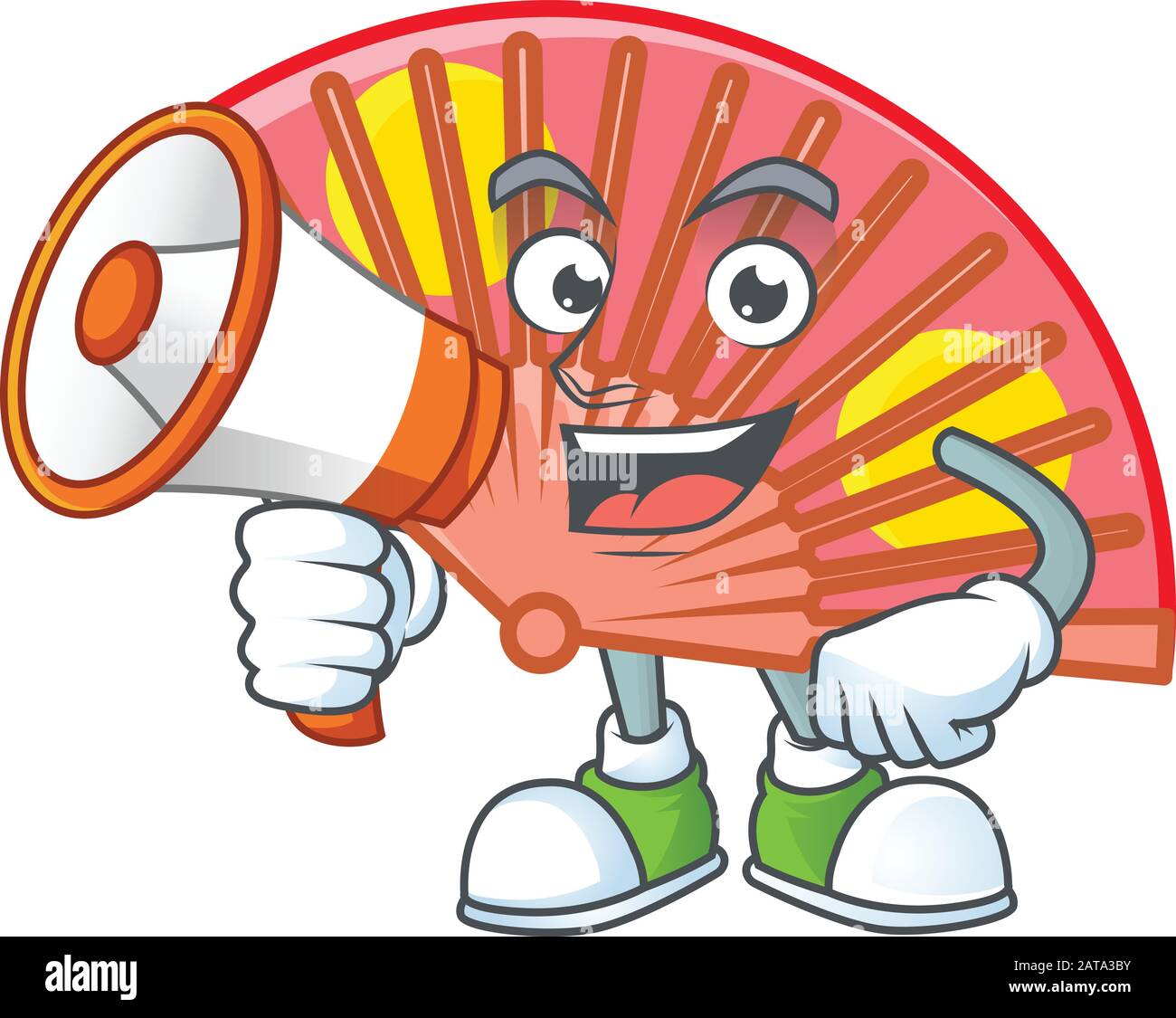Cool cartoon character of red chinese folding fan holding a megaphone ...