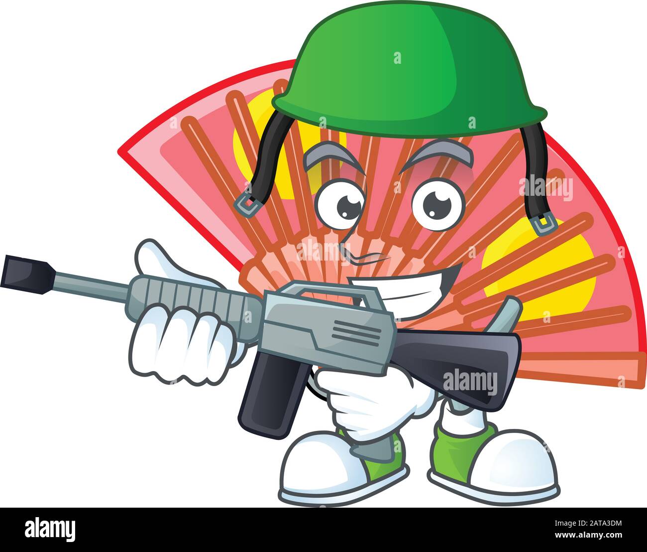 Red chinese folding fan carton character in an Army uniform with ...