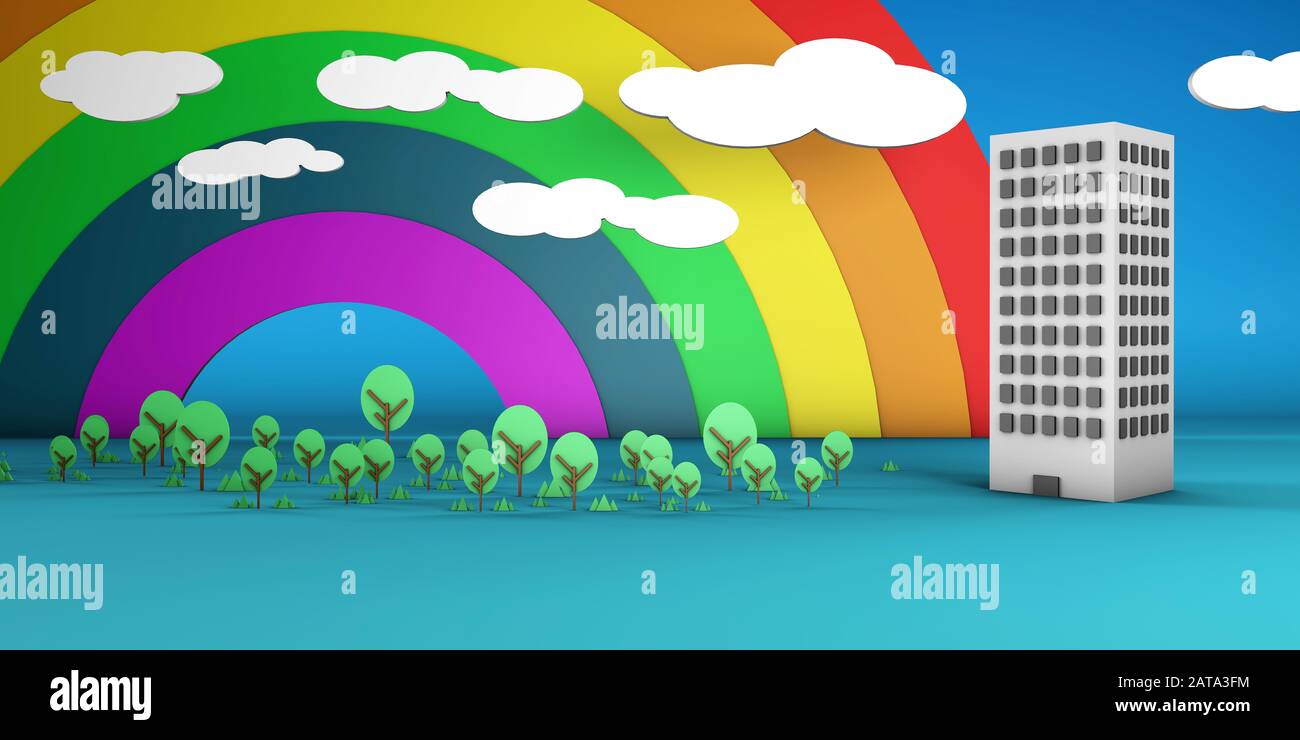 Cartoon Landscape with Rainbow Trees and Clouds Stock Photo - Alamy