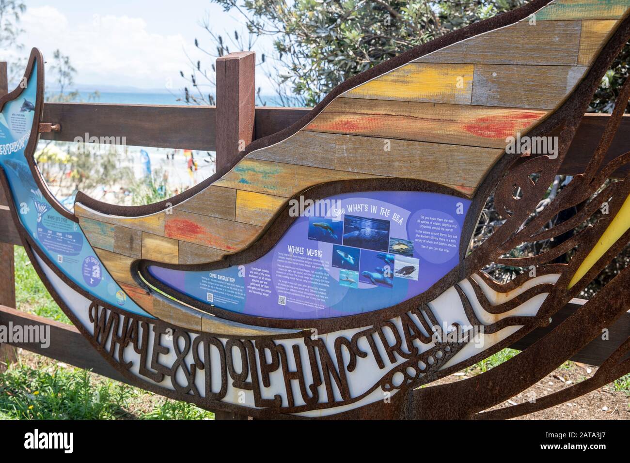 Byron bay whale and dolphin trail sign at main beach in byron bay ...
