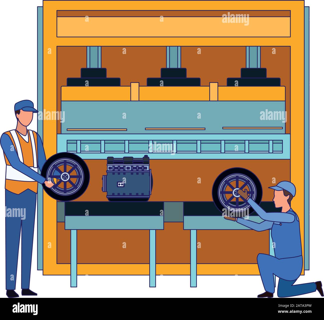 car repair design of mechanics at machine with car engines and tires ...