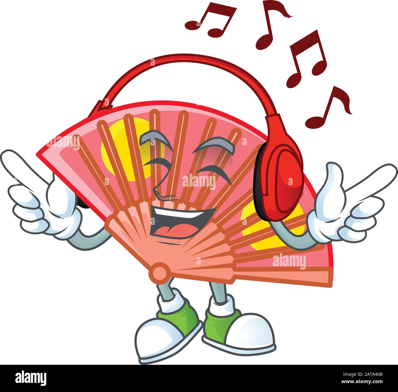 Listening music red chinese folding fan mascot cartoon character design ...