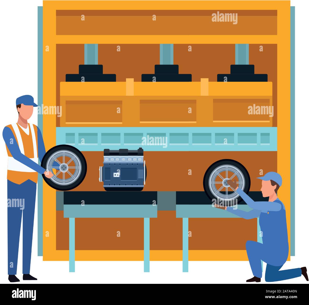 car repair design of mechanics at machine with car engines and tires ...