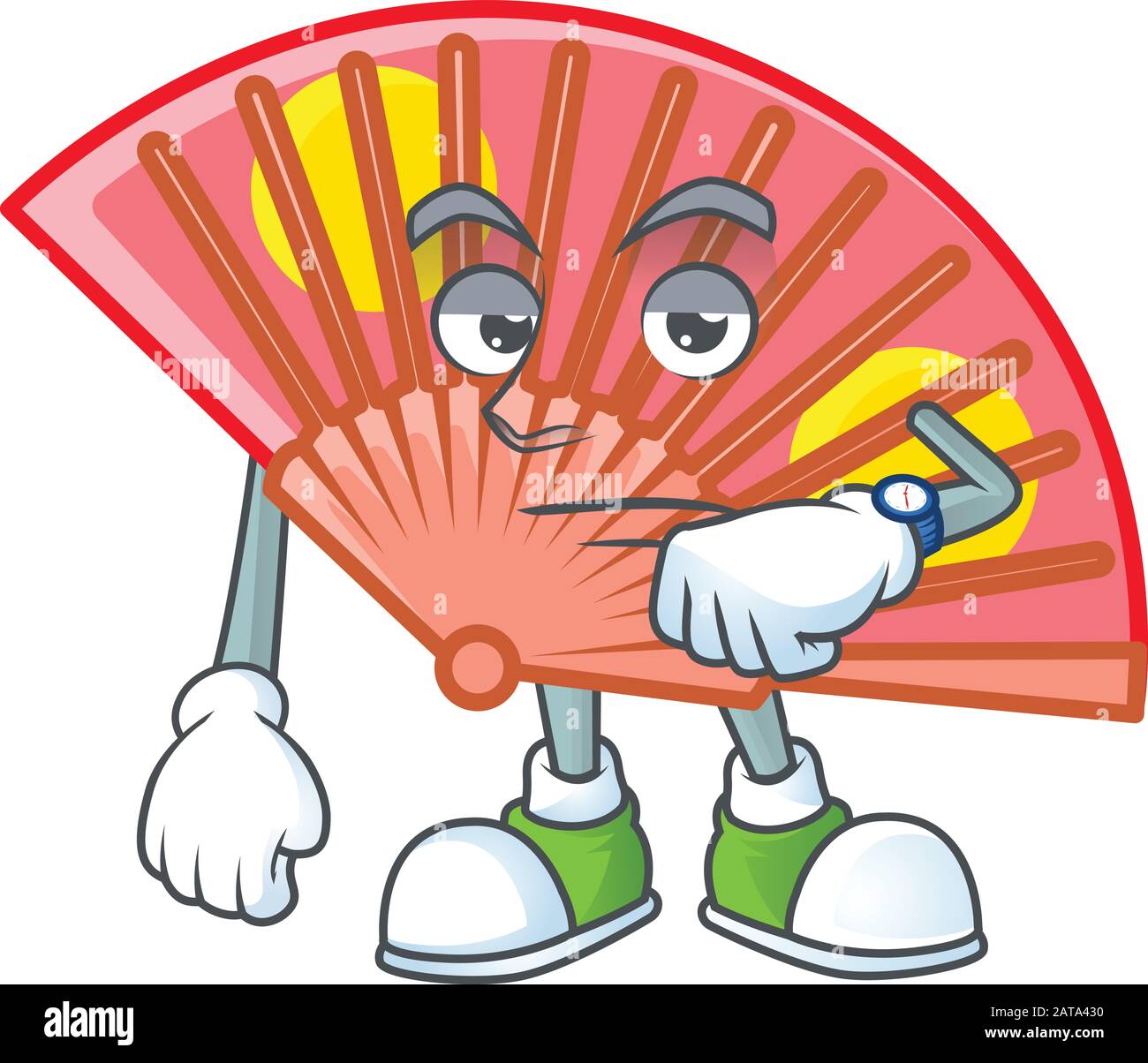 cartoon character design of red chinese folding fan on a waiting ...