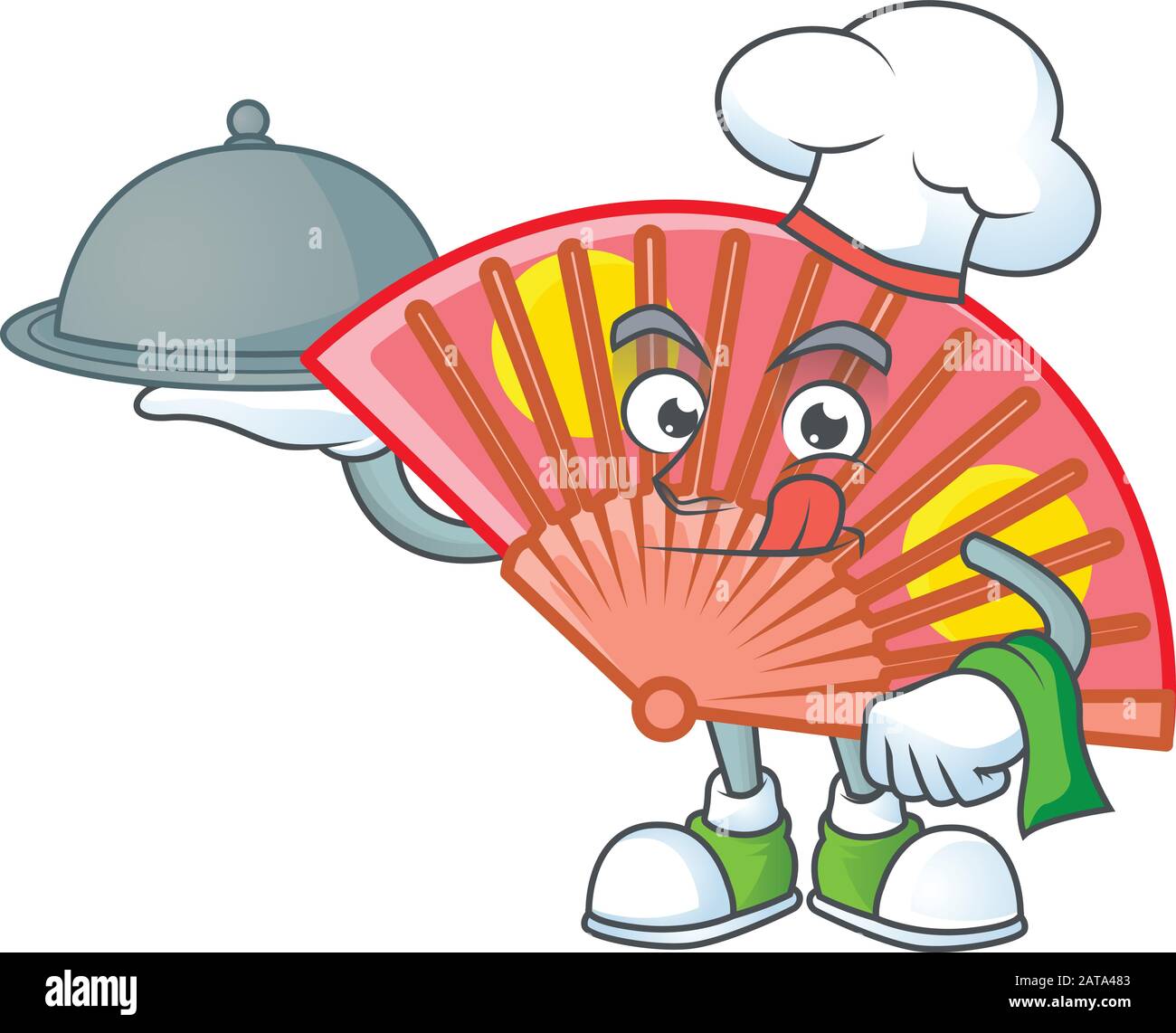 cartoon design of red chinese folding fan as a Chef having food on tray ...