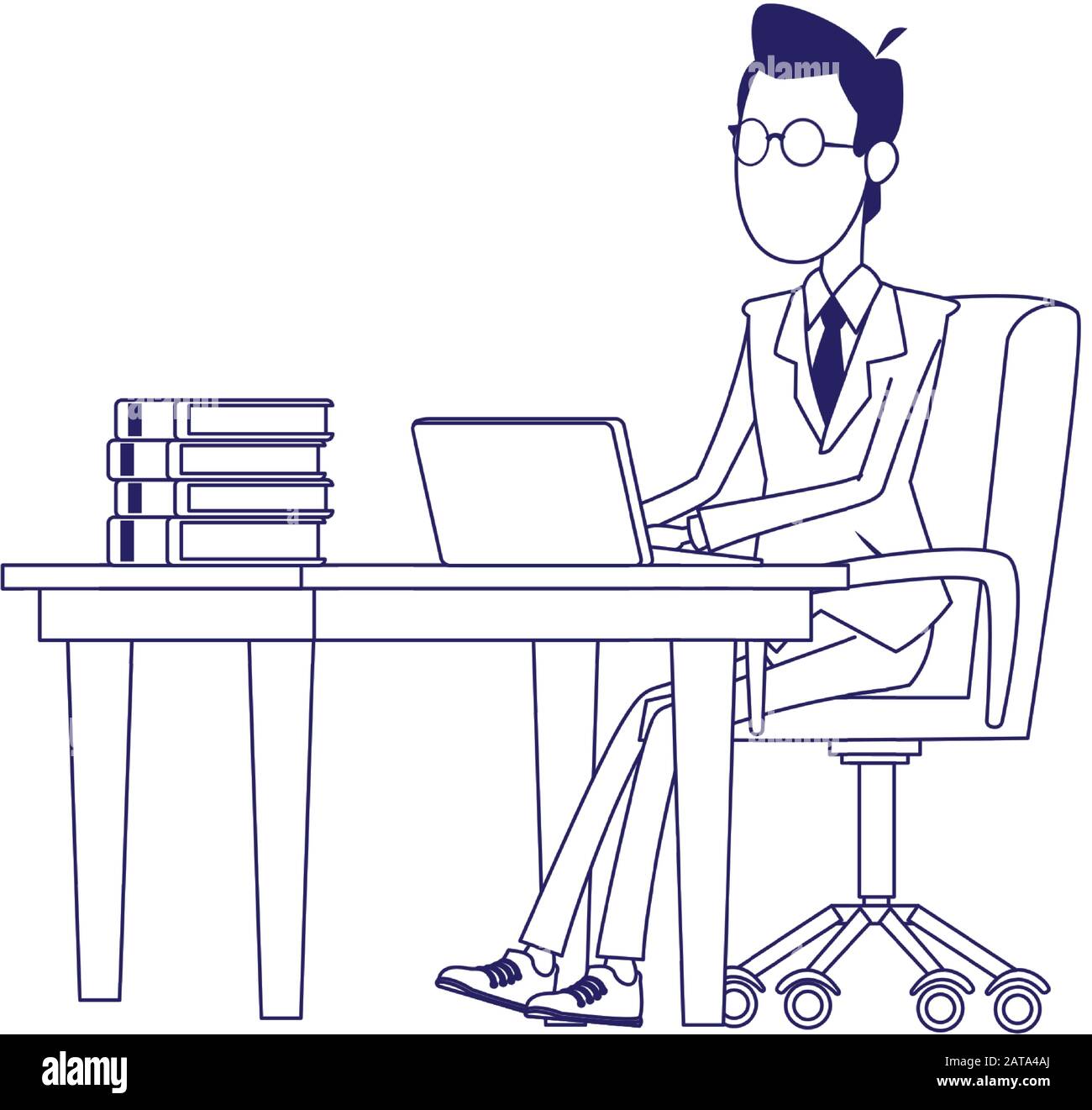 cartoon businessman at office desk with laptop computer and books Stock ...