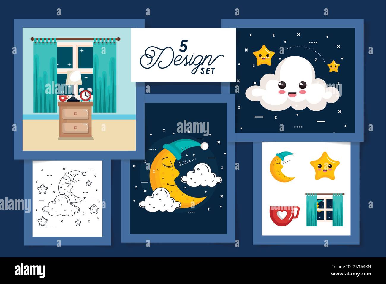 five designs for sleep scenes and cute icons Stock Vector Image & Art ...