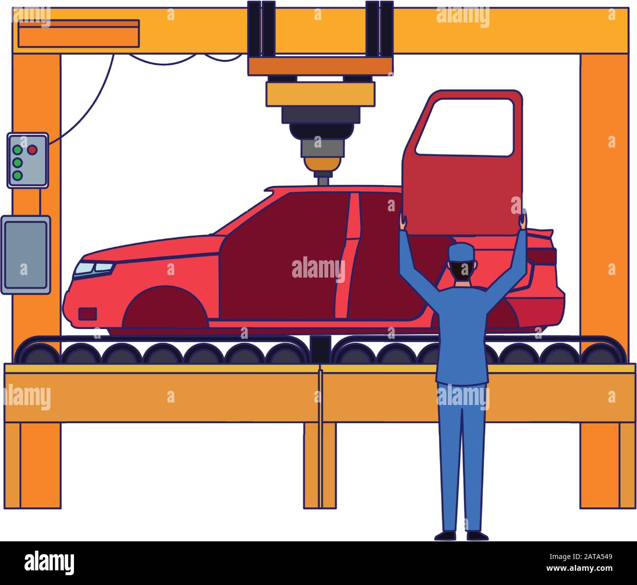 Machine with lifted car and mechanic with car door, colorful design ...