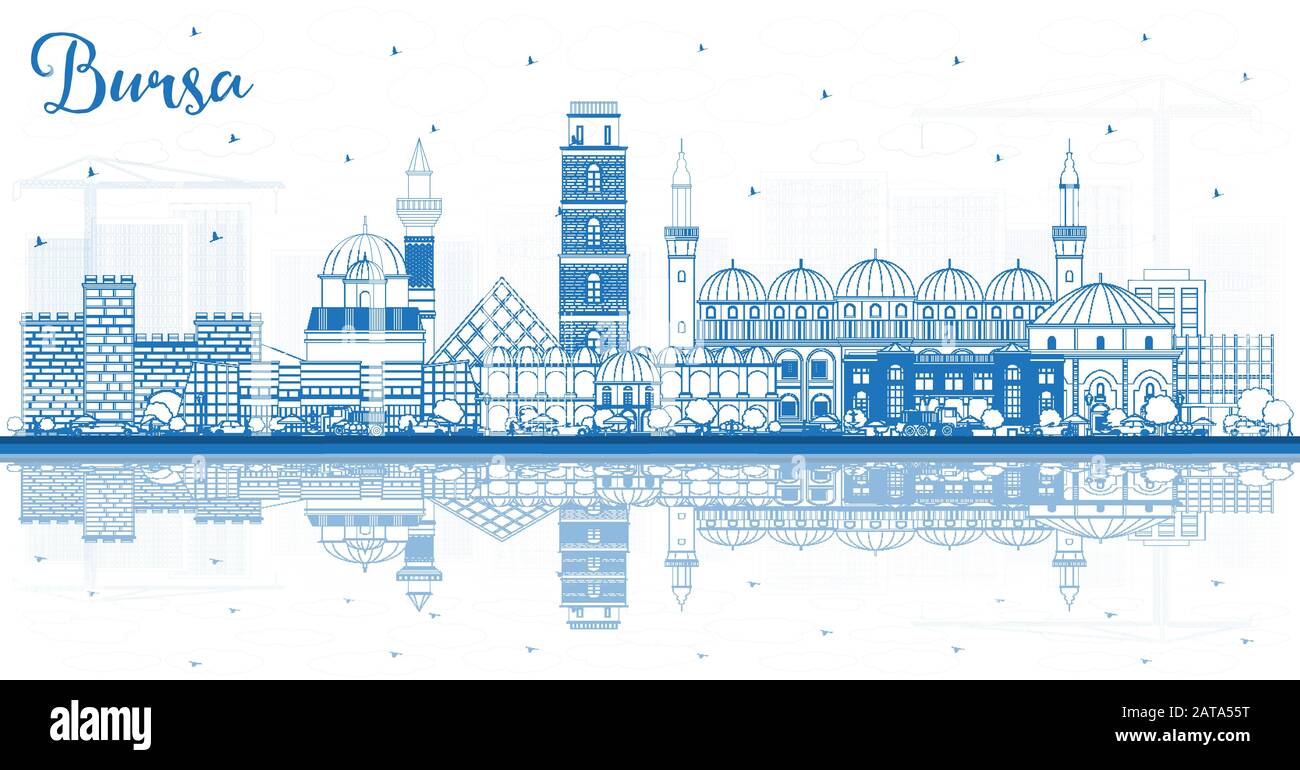 Outline Bursa Turkey City Skyline with Blue Buildings and Reflections ...