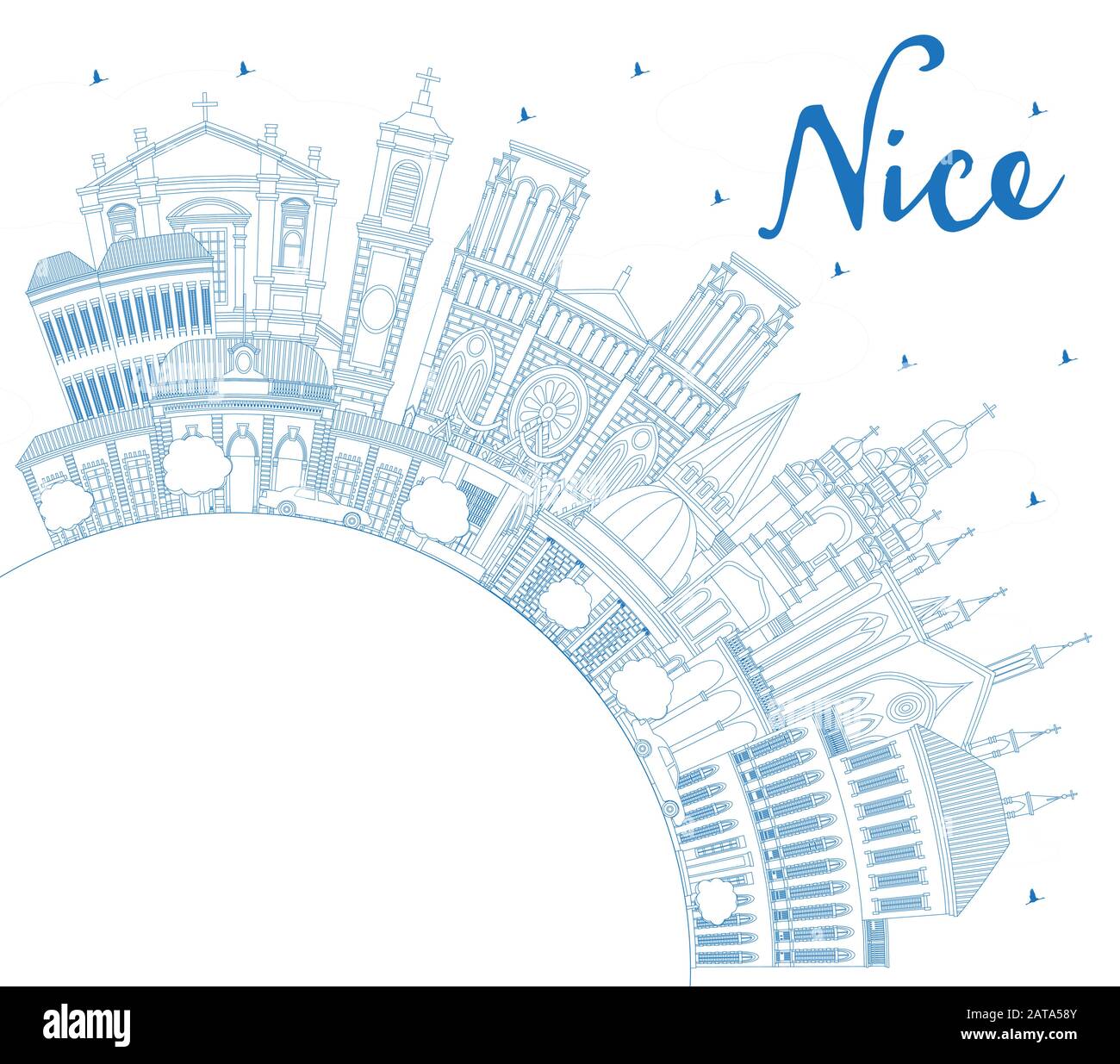 Outline Nice France City Skyline with Blue Buildings and Copy Space ...